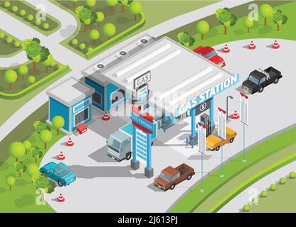 Isometric poster of gas station composition with gas and fuel refill ...