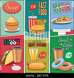 Fast food mini posters composition in comic panels retro style with ...
