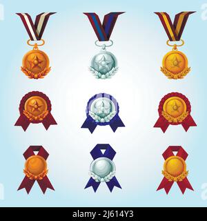 Medals and winner awards cartoon emblems set isolated vector ...