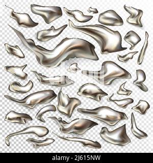 Liquid chrome metal splashes set isolated on black background. Vector ...