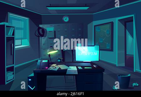 Police station office inside with desk, computer, chair, file cabinet ...