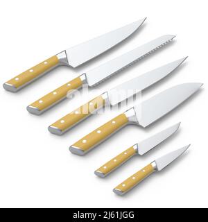 Set of chef's kitchen knives with a wooden handle isolated on yellow ...