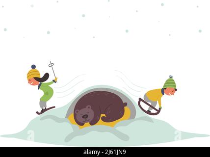 Happy cartoon kids sliding down hill on sleds. Snow falling, children ...