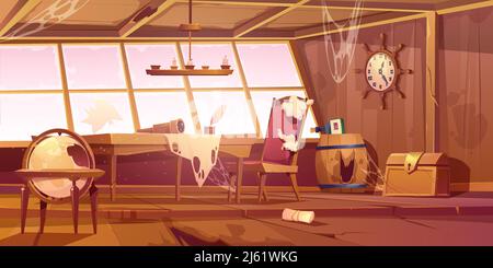 Old messy pirate ship cabin inside. Broken abandoned boat interior with ...