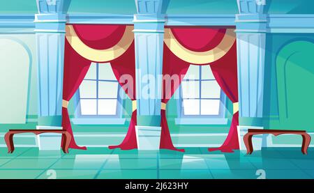 Royal palace ballroom with marble pillars and red curtains on windows ...