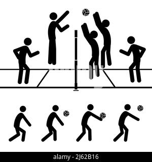 Stick figure playing volleyball on a white background. Flat style ...