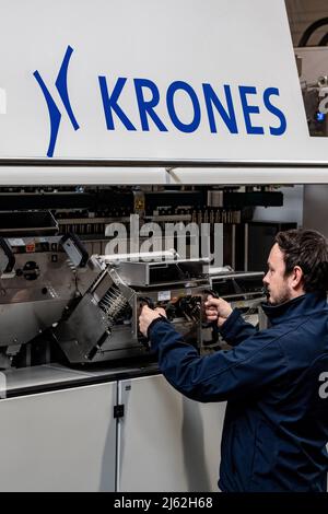 Logo of the Krones AG company on a factory hall in Neutraubling ...