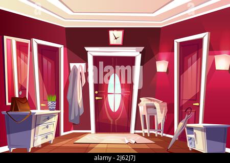 Retro hallway. Cartoon corridor interior with stairs and entrance door ...