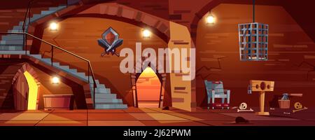 Medieval torture cell, cartoon illustration. Stone castle dungeon with ...