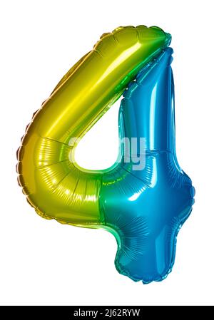 4 four metallic balloon isolated on blue background. Greeting card ...
