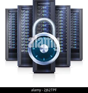 Computer server racks with security lock symbol black on white background realistic vector ...