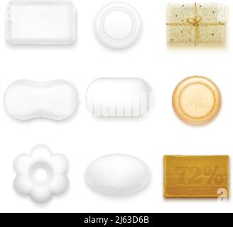 Realistic soap bars of different shape and color isolated on white ...
