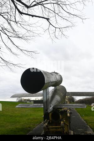 V-1 flying bomb at Imperial War Museum, Duxford, Cambridge, UK. Replica ...