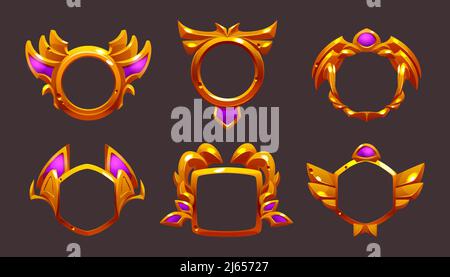 Ui game frames, gold textured round, square and hexagon borders with ornate rims and decor ...