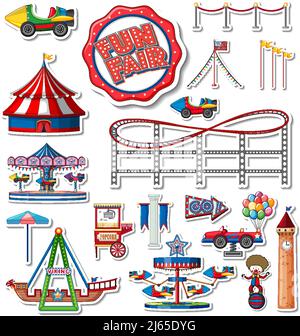 Sticker set of amusement park objects and cartoon characters ...