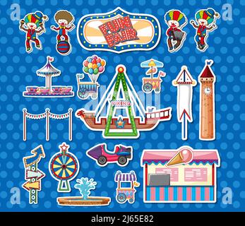 Sticker set of amusement park objects and cartoon characters ...