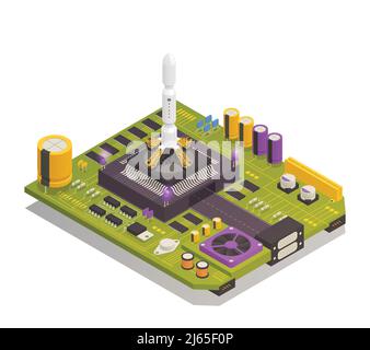 Semiconductor element production isometric composition with construction workers on circuit ...