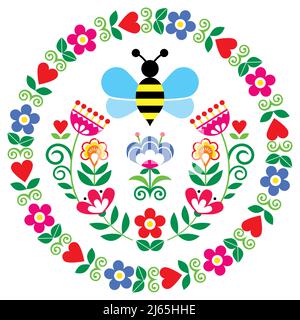 Swedish folk art vector mandala design pattern with flowers, leaves and ...