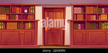 Library or cabinet with wooden bookcases and door. Vector cartoon ...
