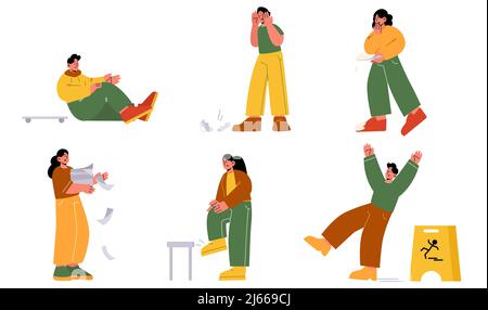 Clumsy people falling, male and female characters fall down due ...