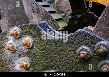 Giant rusted cog wheels rest beside an old water wheel in Abbeydale ...