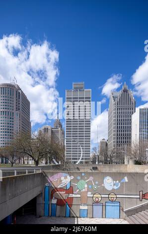 Detroit, Michigan - Buildings in downtown Detroit. Artwork by Robert ...