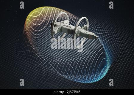 Spaceship with warp drive in curved hyper space. 3D rendered ...