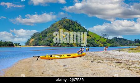 Pataua, New Zealand - December 9. 2012: Scenery with slipway road ...