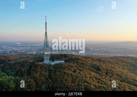 Aerial view on TV tower Kamzik during golden hour, Bratislava, Slovakia ...