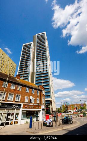View along Goldsworth Road towards the town centre with the towers of ...