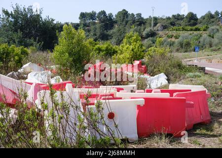 Plastic blocks to make temporary barriers during road repairs Stock ...