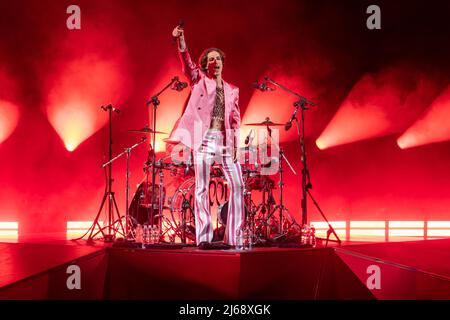 Damiano David, frontman of the Maneskin band, pictured during an ...