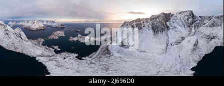 Snow covered mountain peaks, Lofoten Islands, Norway Stock Photo - Alamy