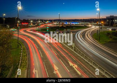 View of trail lights on Hornsbridge Roundabout at dusk, Chesterfield ...