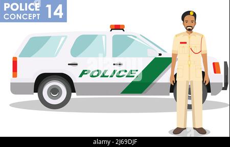 Detailed illustration of police car and arabic man police officer in ...
