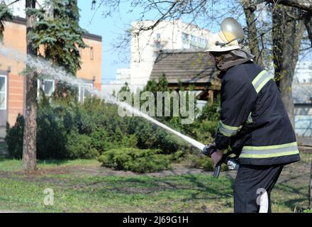 Fireman in protective costume watering plant territory with syringe ...