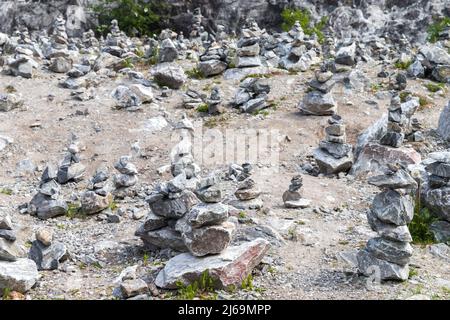 Stone cairns are at former marble quarry in Ruskeala, Republic of ...