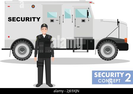 Detailed illustration of armored security car and security guard on ...