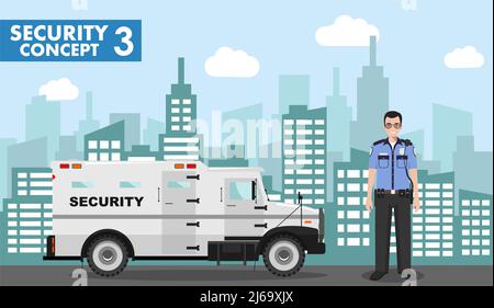 Detailed illustration of armored security car and security guard on ...