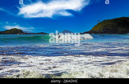 Beautiful bay with big waves, unrecognizable surfer, blue sunny sky ...