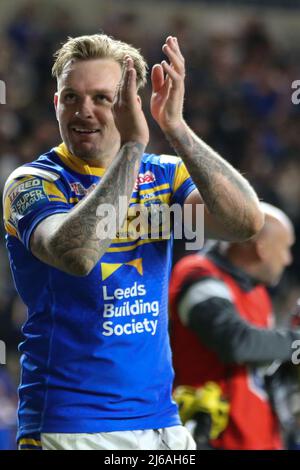 Blake Austin #6 of Leeds Rhinos celebrates his try to win the match ...