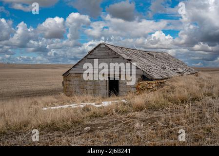 A historic dugout house that was converted into a barn in a field in ...