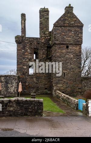 The ruins of Carsluith Castle stone tower house, Wigtown Bay, Scotland ...