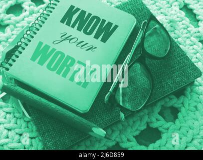 Know Your Worth word written in a notebook with pen and glasses. Business concept Stock Photo ...