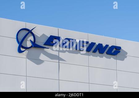 Irving, Texas, USA - March 20, 2022: Closeup of Boeing sign on the ...