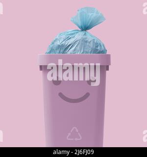 Cute smiling trash bin character full of metal waste, recycling and ...