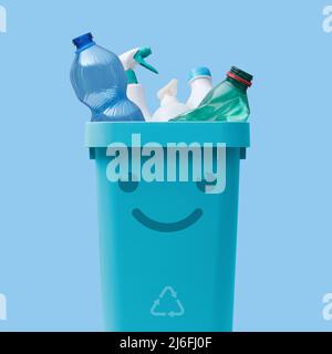 Cute smiling bin full of mixed plastic waste, recycling and separate ...