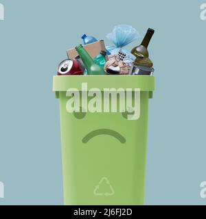 Sad garbage can character full of undifferentiated waste, improper ...