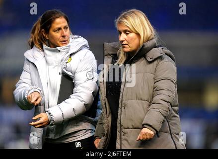 Chelsea assistant coach Denise Reddy oversees the warm up prior to kick ...