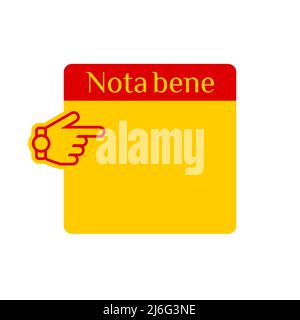 Note, quote, footnote textbox. Nota bene latin phrase. Forefinger and ...